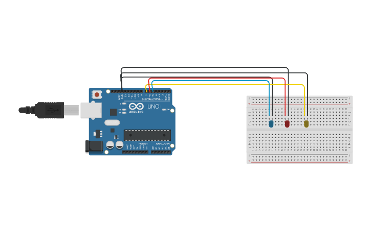 Circuit design 3 leds intermitentes - Tinkercad
