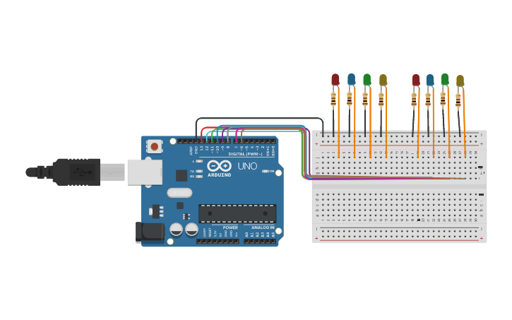 Circuit design 8 LED sequence - FOSS - Tinkercad