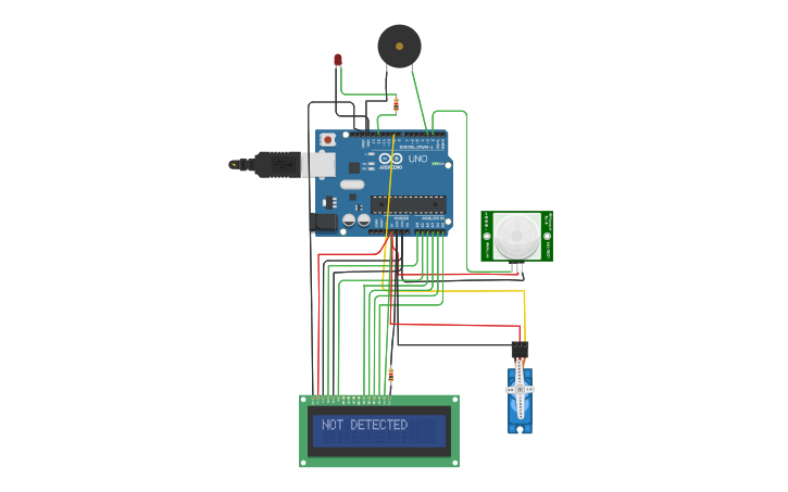 Circuit Design Pir Sensor With Buzzer Lcd Led And Servo Motor Tinkercad