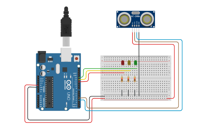 Circuit design Ultrasonic Distance Sensor with Lights - Tinkercad