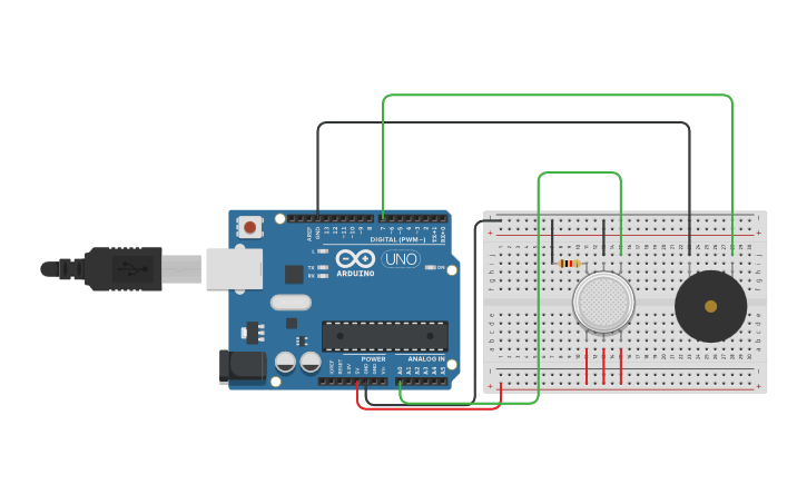 Circuit design Gas Sensor with Buzzer - Tinkercad