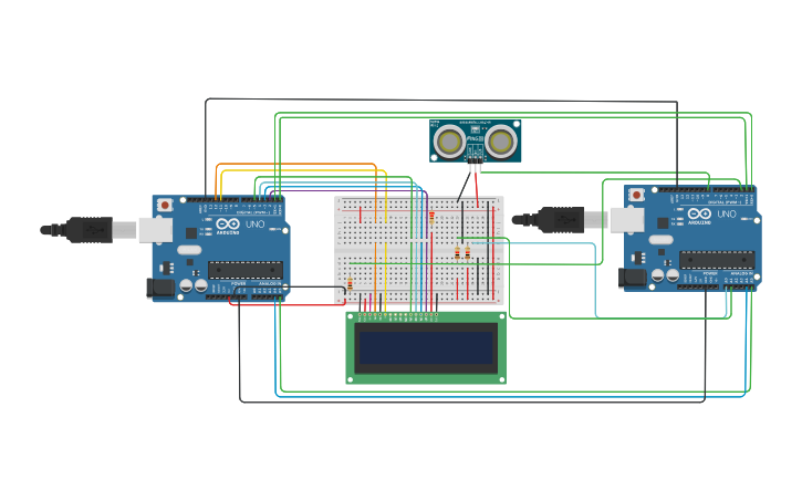 Circuit design Two Arduino Communication Using I2C with one LCD - Tinkercad
