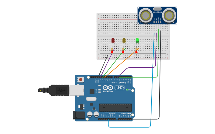 Circuit design Práctica 6.b: Sensor de ultrasonidos con 3 LEDs - Tinkercad Circuit design Práctica 6.b: Sensor de ultrasonidos con 3 LEDs - Tinkercad
