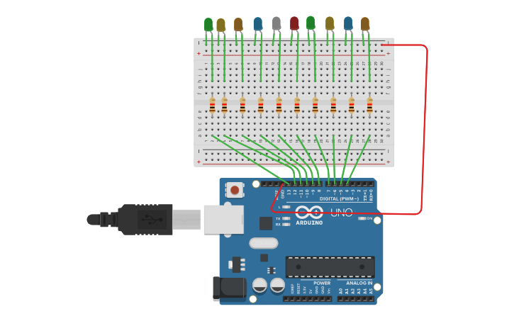 Circuit design 10 led - Tinkercad