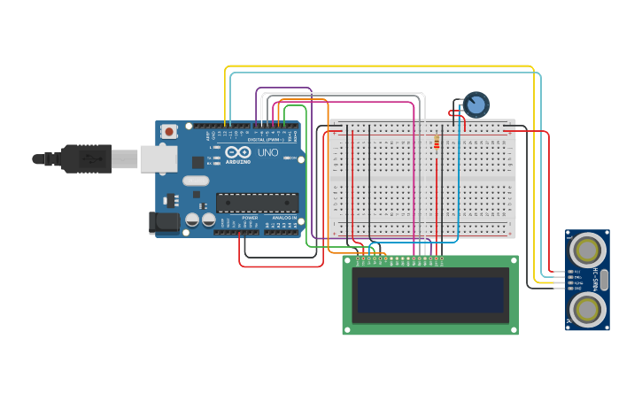 Circuit design Sensor jarak dengan ultrasonic sensor - Tinkercad