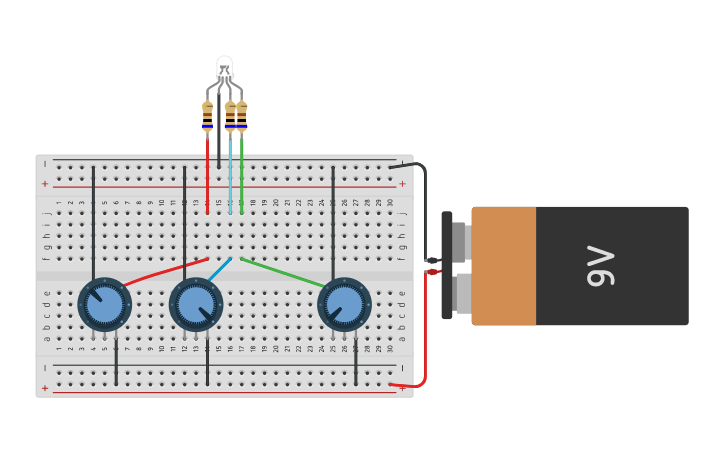 Circuit design LED RGB controlado por potenciometros - Tinkercad