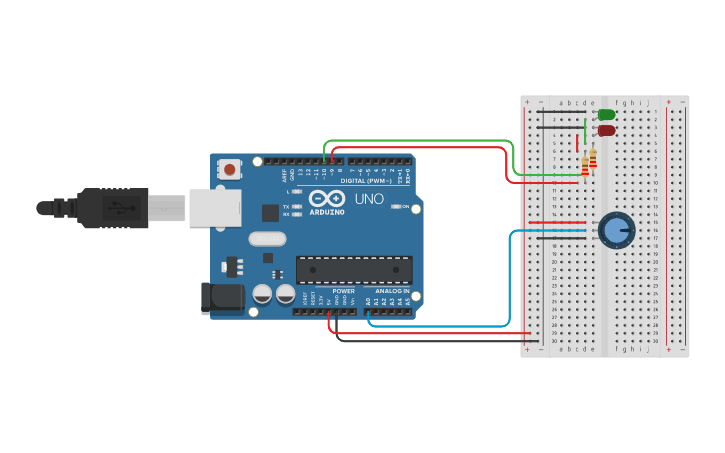 Circuit design LED con Potenciometro - Tinkercad Circuit design LED con Potenciometro - Tinkercad