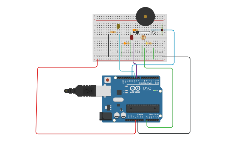 Circuit design Ldr + Led + buzzer - Tinkercad