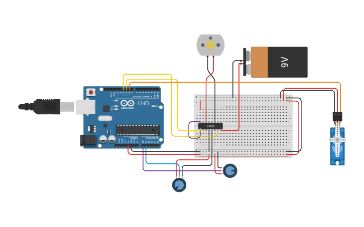 Circuit design DC motor + H-bridge | Tinkercad