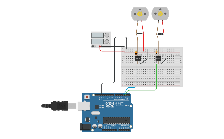 Circuit design Dos motores con una fuente - Tinkercad