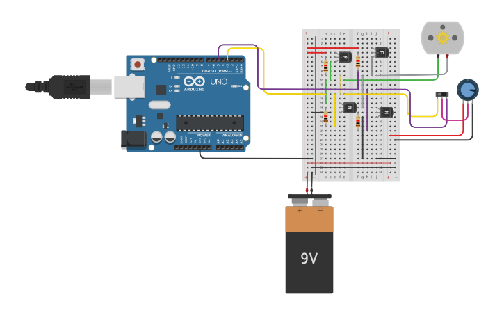 Circuit design Implementing H bridge using Transistors + Physical control - Tinkercad