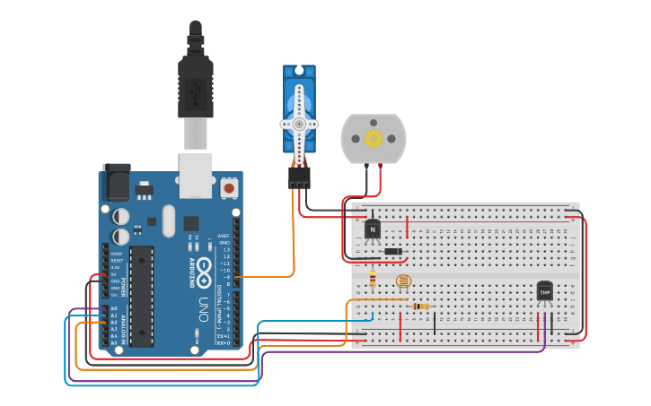 Circuit design LDR-SERVO-FAN - Tinkercad