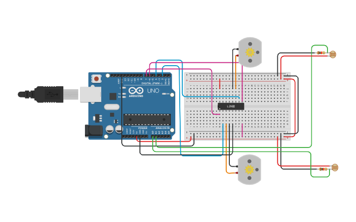 Circuit design LIGHT FOLLOWING BOT - Tinkercad