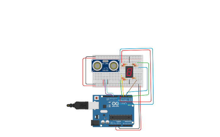 Circuit design sensor ultrasonico y display de 7 segmento calculado en cm - Tinkercad