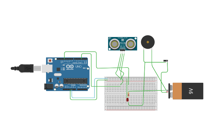 Circuit design sensor ultrasonik mendektesi jarak | Tinkercad
