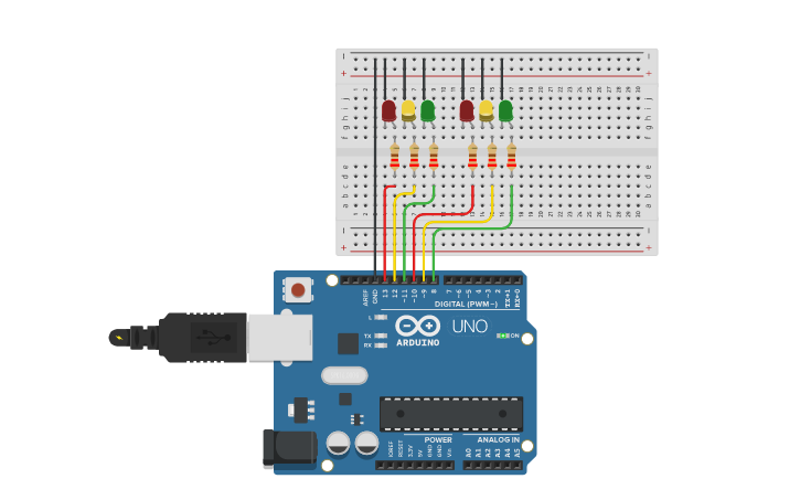 Circuit design Arduino 2 semáforos - Tinkercad