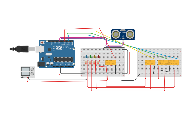 Circuit design sensor ultrasonico con leds - Tinkercad