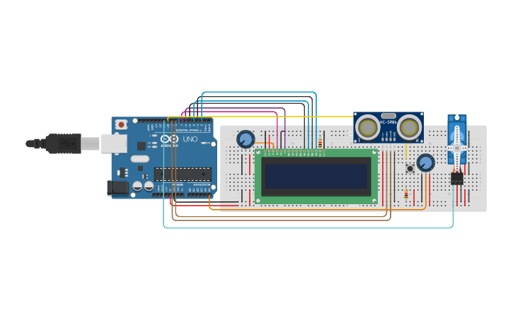Circuit design Pantalla LCD, Sensor de Distancia y Servomotor - Tinkercad