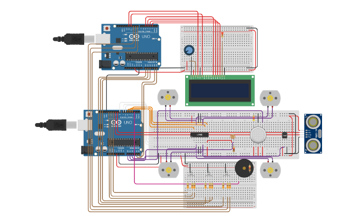 Circuit design Evasor de Obstáculos con iluminación ,gas y temperatura | Tinkercad