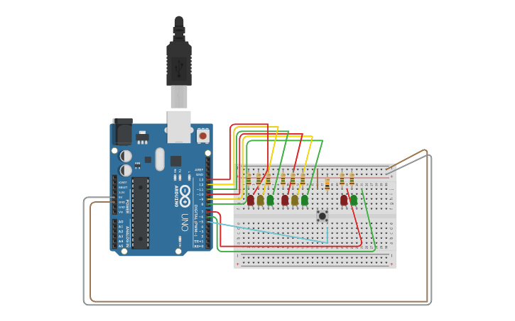 Circuit design Semáforo duplo com botão para pedestres - Tinkercad