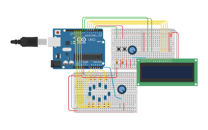 Circuit design test 1 led arr lcd - Tinkercad