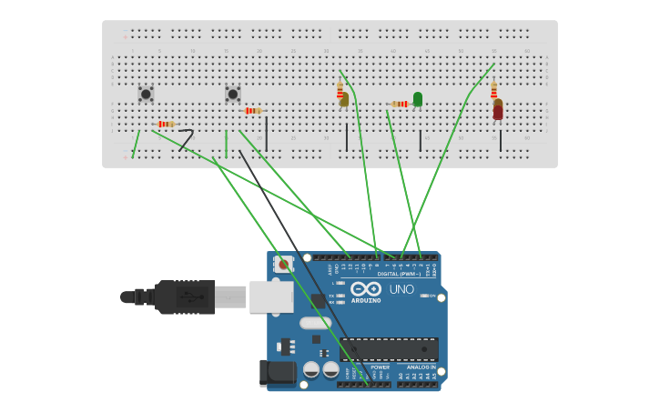 Circuit design 4 LED 2 Button - Tinkercad