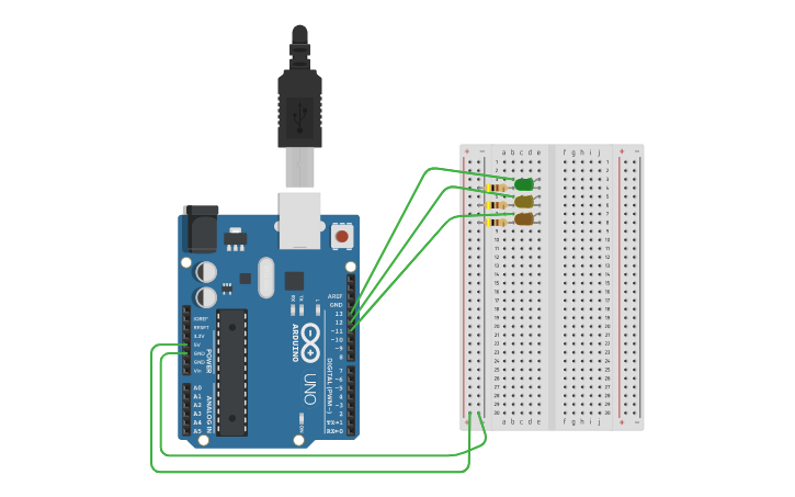 Circuit design Lesson 1 - Blinking 3 LEDs in sequence - Tinkercad