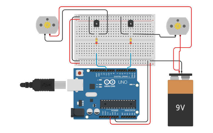 Circuit design Moviendo motores dc | Tinkercad