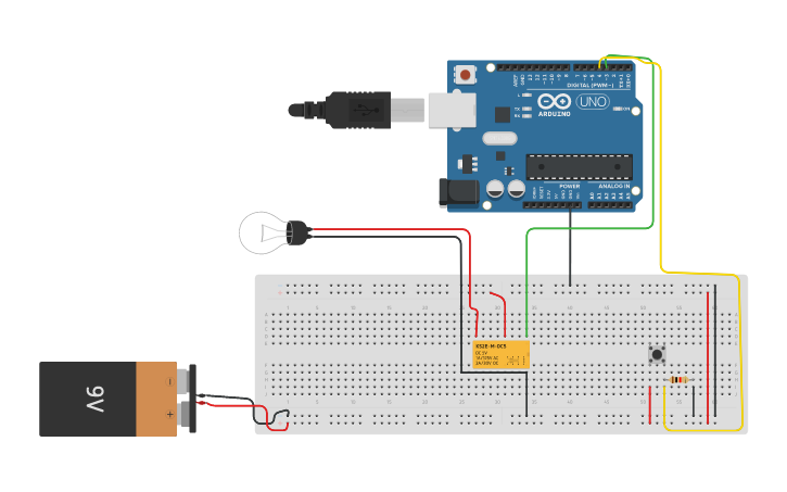 Circuit design Acender Lâmpada com relé usando botão - Tinkercad