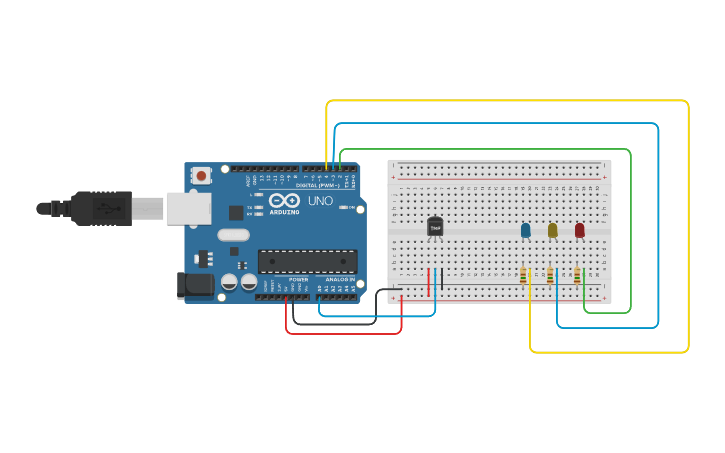 Circuit design Sensor de Temperatura e LEDS - Tinkercad