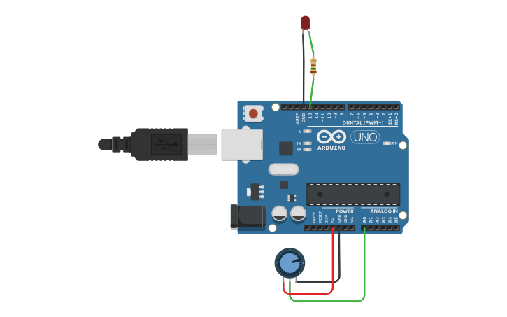 Circuit design Ovládanie LED pomocou potenciometra - Tinkercad Circuit design Ovládanie LED pomocou potenciometra - Tinkercad