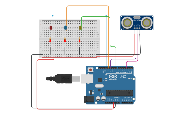 Circuit design Sensor Ultrasonido con Leds - Tinkercad