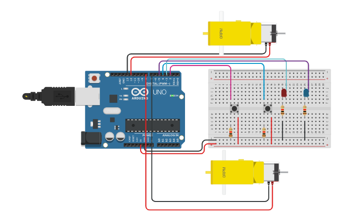 Circuit design motor con pulsadores y leds - Tinkercad