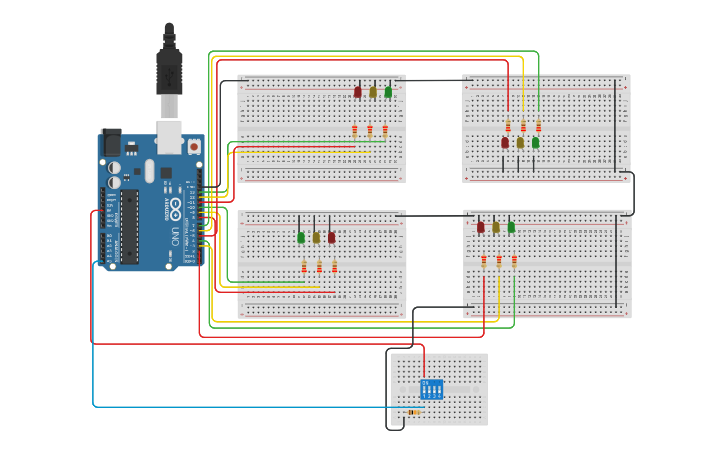 Circuit design 4 semafori con interruttore - Tinkercad