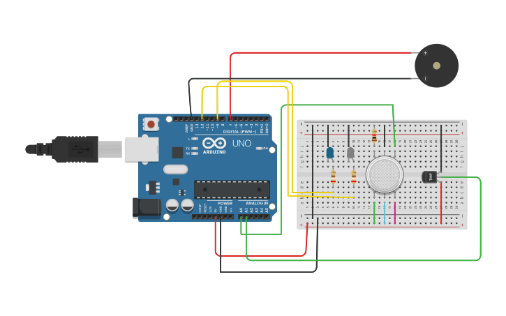 Circuit design Fire and Smoke Detector - Tinkercad