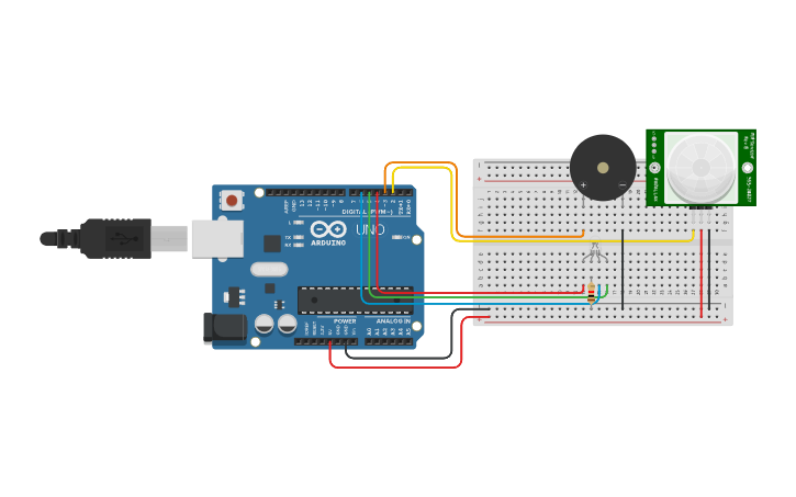 Circuit design Sensor PIR, LED y BUZZER - Tinkercad