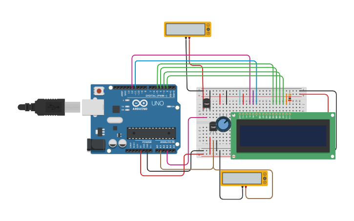 Circuit design Practica 8 Display LCD en arduino (Medición de sensores de temp) - Tinkercad