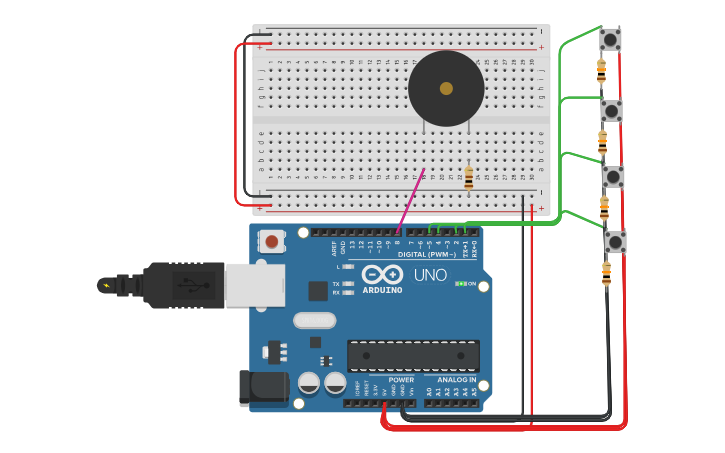 Circuit design sensor de piezo botão - Tinkercad