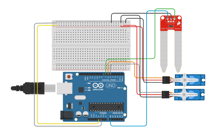 Circuit design SOIL MOISTURE SENSOR+SERVO - Tinkercad