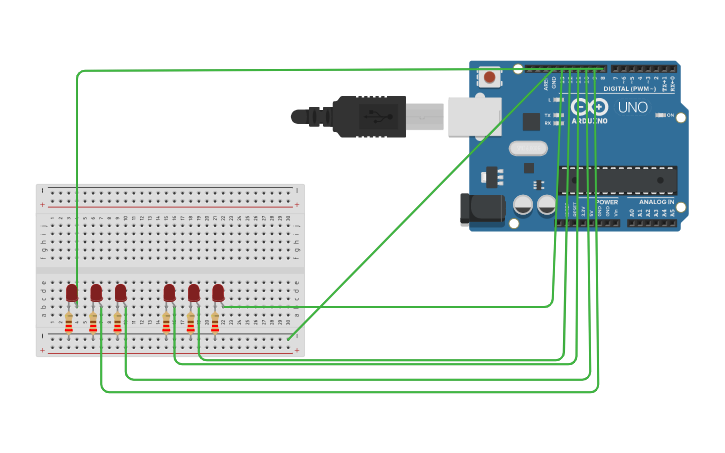 Circuit design encender 6 leds - Tinkercad
