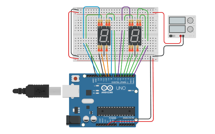 Circuit design Display 7 segmentos doble - Tinkercad