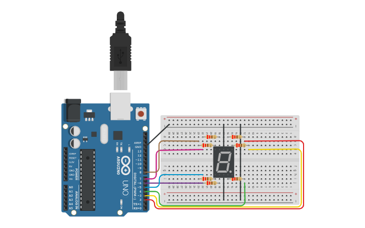 Circuit design Práctica 5: Display de 7 segmentos II | Tinkercad