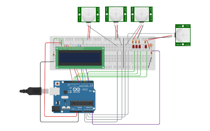Circuit design Smart Street Light with vehicle detection - Tinkercad