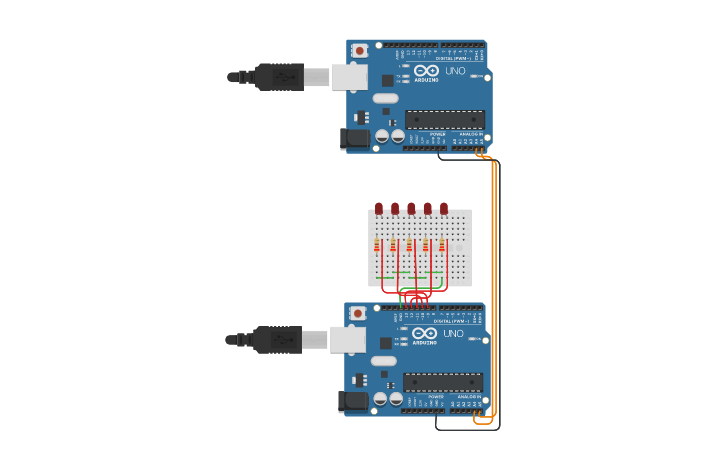 Circuit design I2C master-esclavo con leds | Tinkercad