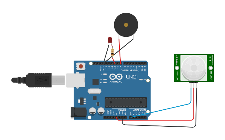 Circuit design Motion alarm - Tinkercad