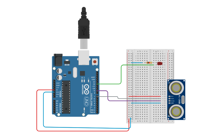 Circuit design Sensor utrassônico e led | Tinkercad