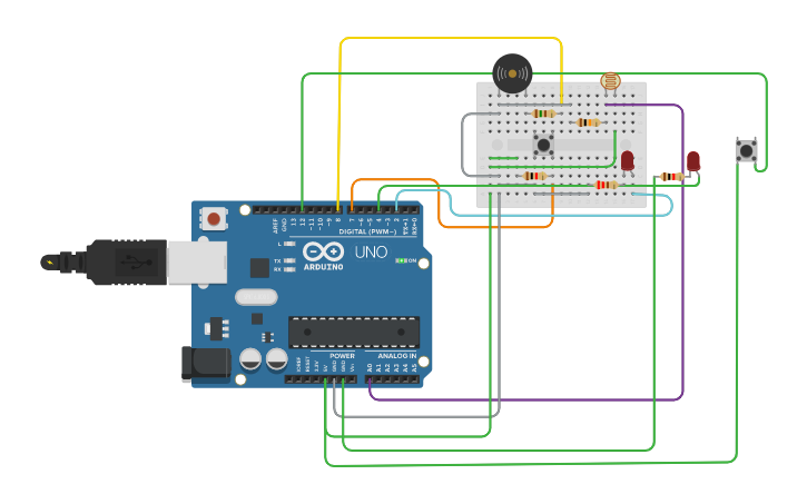 Circuit design Alarma con sonido y una led de luminosidad1 - Tinkercad