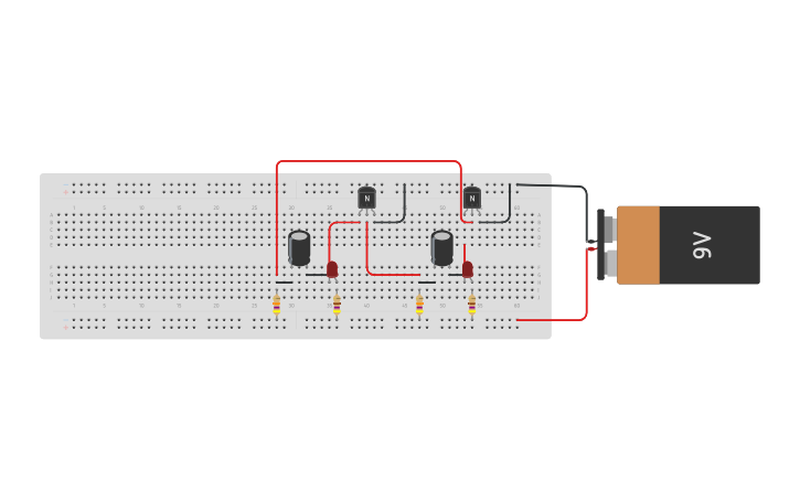 Circuit design Two Transistor flashing LED Circuit | Tinkercad