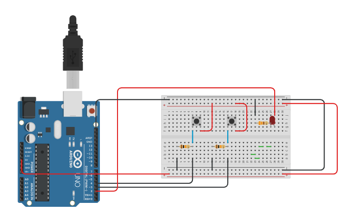 Circuit design LED Lighting With 2 Button | Tinkercad