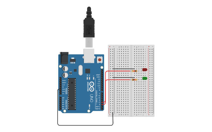 Circuit design Blinking of two LEDs alternatively - Tinkercad